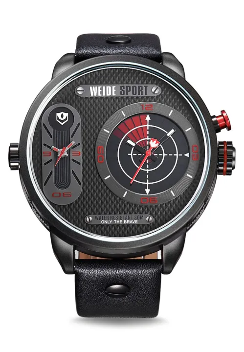 WEIDE Watch for Men's WH3409B-2C-RED INDEX Black Leather Strap 30m ...