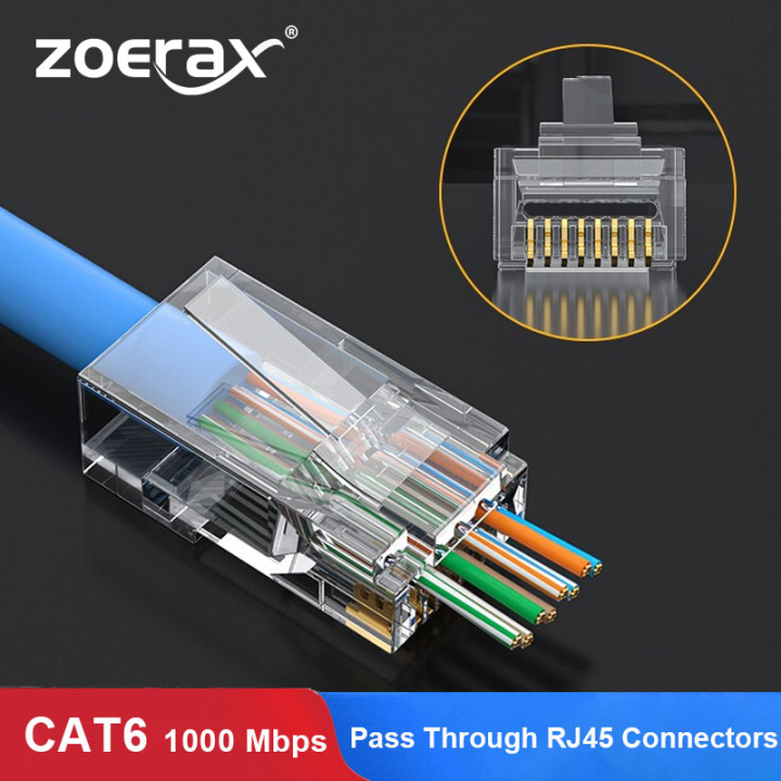 ZoeRax RJ45 CAT6 Pass Through Connectors - 15μ Gold Plated 8P8C Modular ...