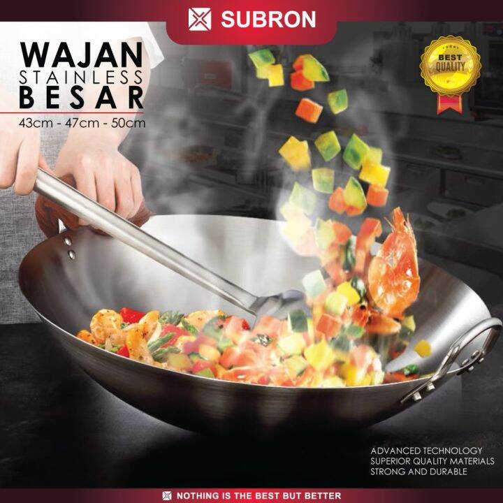 SUBRON Wajan Besar Stainless 43cm 47cm 50cm Kuali Wok Tebal ...
