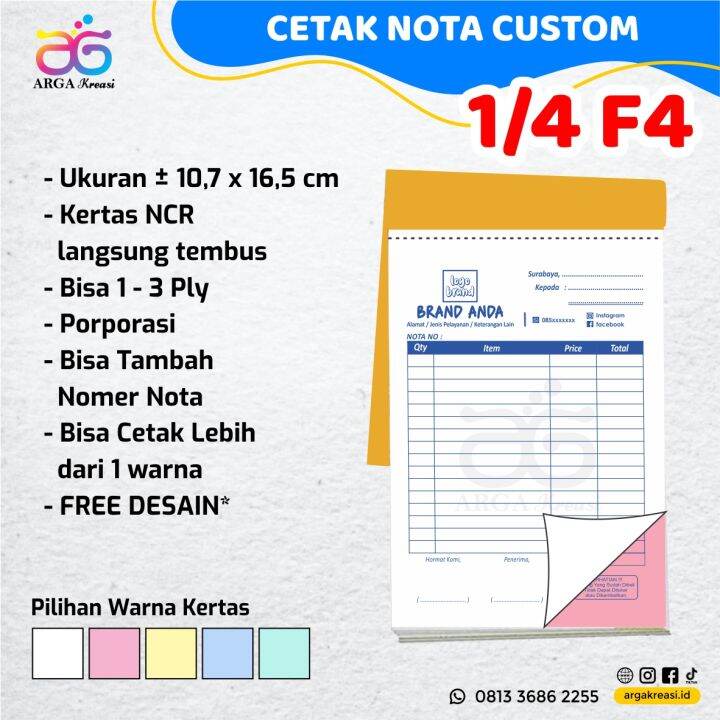 Cetak Nota Custom 1/4 F4 / A6 Bon Kontan 2 Ply Kwitansi 1ply Nota ...