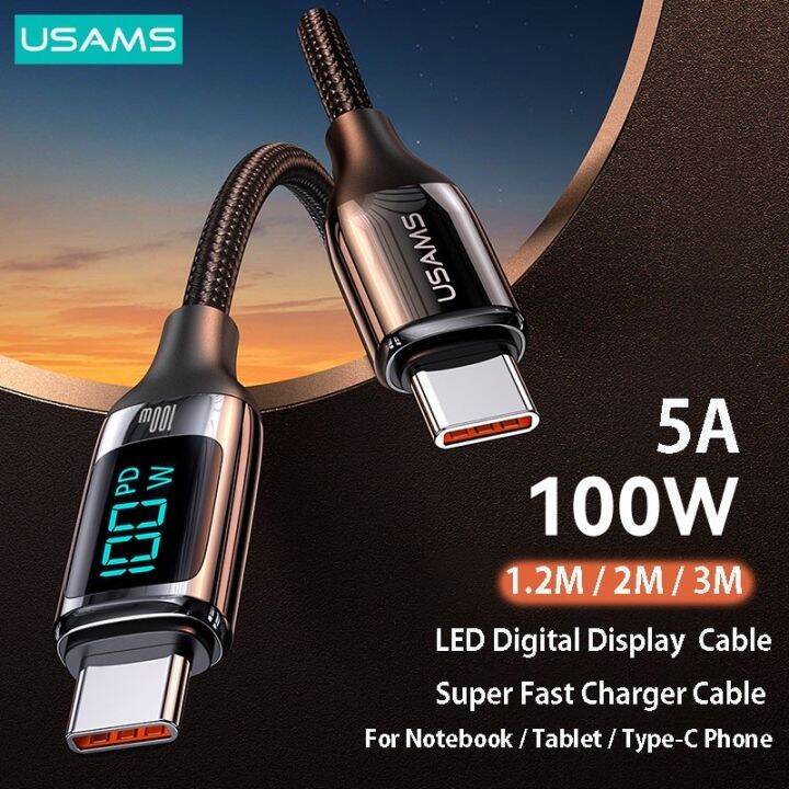 USAMS PD 100W Fast Charging USB 5A Type-C To Type C Cable 1.2M/2M สายชาร์จเร็ว สายชาร์จเชือกถัก ...