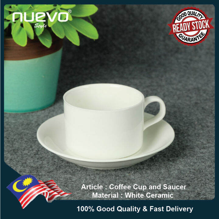 White ceramic flat cup and saucer 白色陶瓷平底杯碟 Cawan dan piring seramik ...