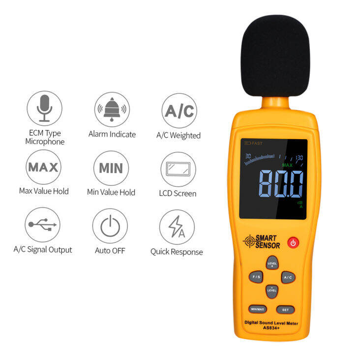 SMART SENSOR AS834+ Digital Sound Level Meter Digital Noisemeter LCD ...