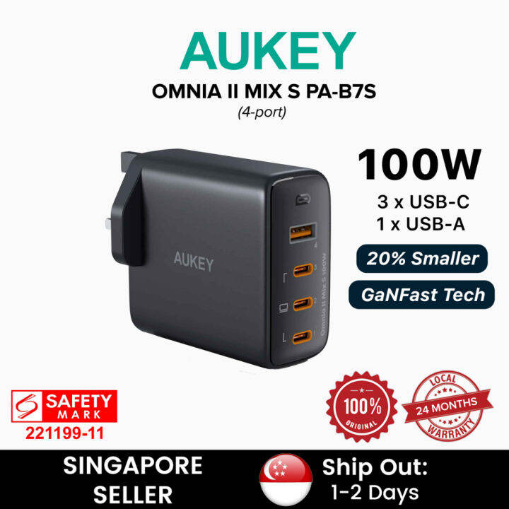 [SG] Aukey PA-B7S Omnia II Mix S 100W 4-Port PD Wall Charger With GaNFast Tech PPS - Black ...