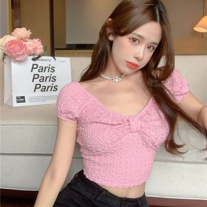 BBboyy FS12🍉เสื้อครอปปาดไหล่ ครอปแต่โบว์ ผ้ายับ ครอปน่ารักสไตล์เกาหลี เสื้อแฟชั่นน่ารัก เสื้อ ...
