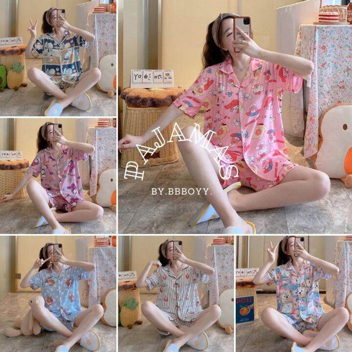 BBboyy F Link 1ชุดนอนสไตล์เกาหลี ผ้านิ้ม ไม่บาง ผ้าดีมาก ชุดนอนแขนสั้นขาสั้น ชุดนอนพร้อมส่ง ชุด ...