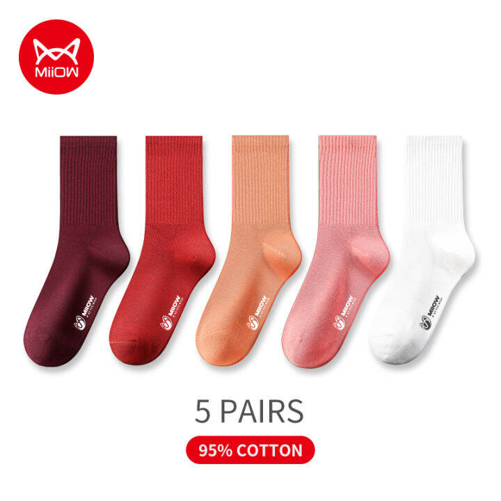 MiiOW 5 คู่สีทึบผู้หญิงถุงเท้าผ้าฝ้าย Mid-Cut แฟชั่นลำลองโลโก้ถุงเท้ากีฬาชุดสำหรับ Girls ...