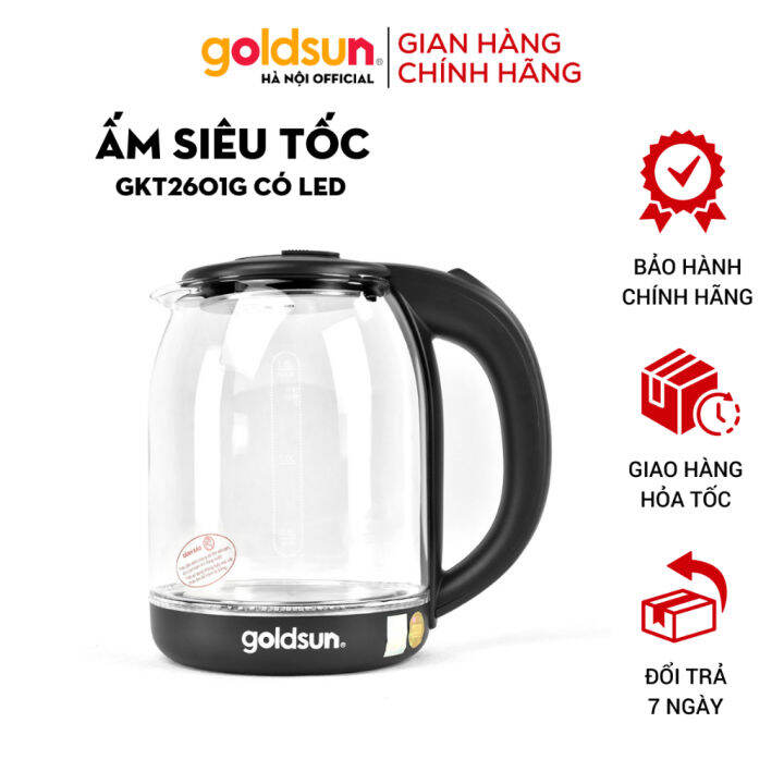 Ấm siêu tốc thủy tinh có đèn LED Goldsun GKT2601G 1.8L 1800W, bình đun ...