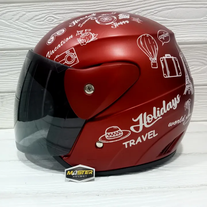 HELM HALF FACE EVOLUTION MOTIF TRAVELING MAROON DOFF MIRIP GM EVO MURAH ...