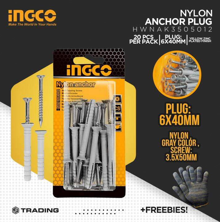 INGCO 20 Pcs Nylon Anchor Plug 6x40mm Gray Color HWNAK3505012 ...