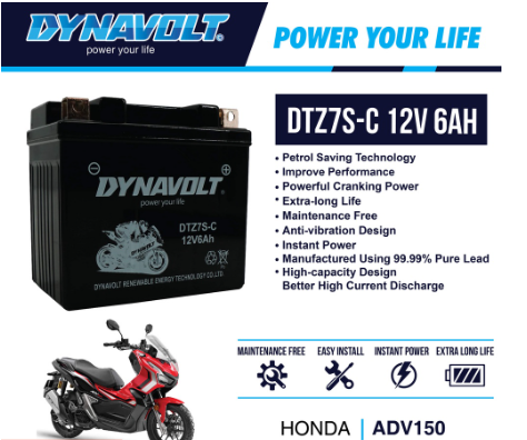DYNAVOLT DTZ7S-C BATTERY // Honda ADV150 Dynavolt Battery DTZ7S-C 12V ...