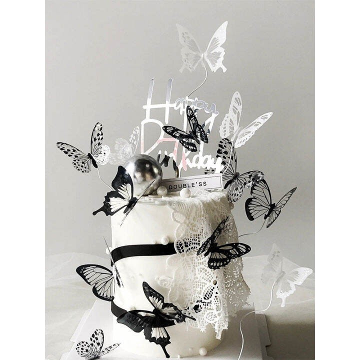 [Ready Stock] Black White Butterfly Happy Birthday Cake Topper Wedding ...