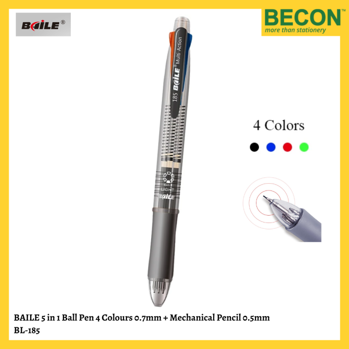BAILE 5 in 1 Ball Pen 4 Colours 0.7mm + Mechanical Pencil 0.5mm BL-185 | Lazada