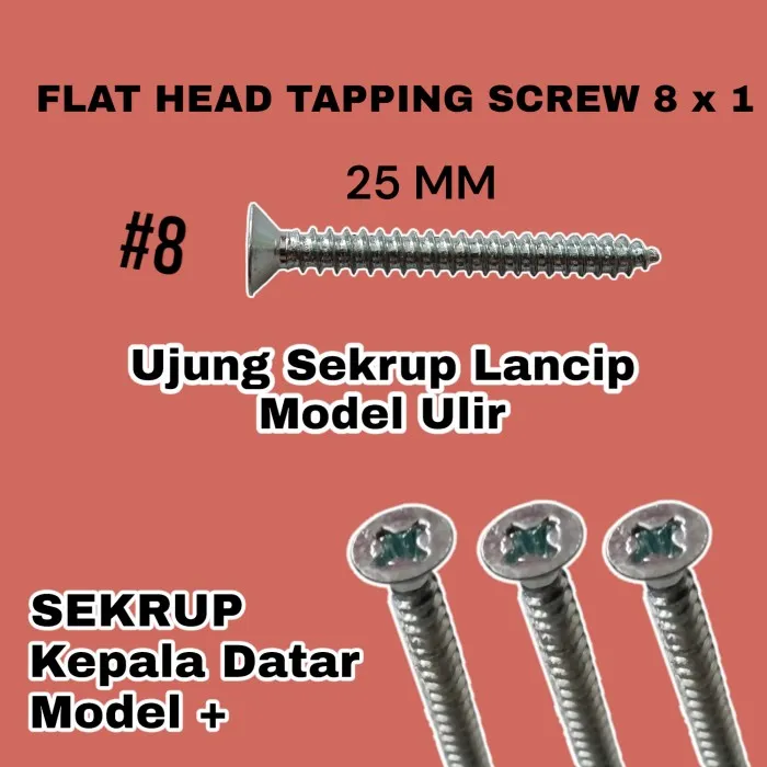 (#8 x 1")10 Bj Sekrup Skrup Tapping Screw Flat Head FH Kayu + 2,5 CM ...