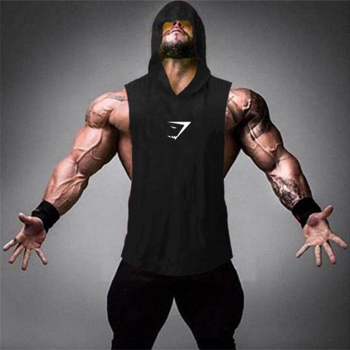 Muscle Gymshark Trendy Men Bodybuilding Shark Hooded Running Sports