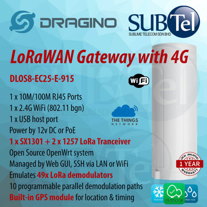 Dragino DLOS8 LoRaWAN IoT Outdoor Gateway with 4G LTE WiFi DLOS8-EC25-E-915 LoRa WAN TTN The ...