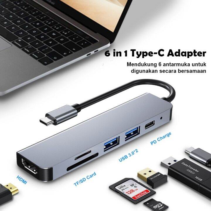 Hub 6 In1 USB Type C Adpater Macbook Laptop 6 In1 Multi Port HDMI/USB 2.0/3.0 /TF/ SD/ RJ45 ...