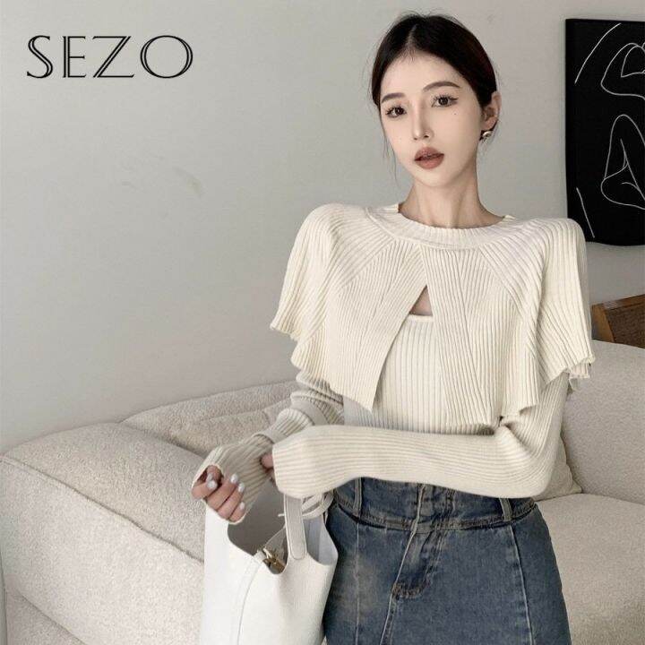 SEZO เสื้อแขนยาวคลุมสองชิ้นปลอมแบบสวมหัวสำหรับผู้หญิงจากเกาหลี | Lazada ...