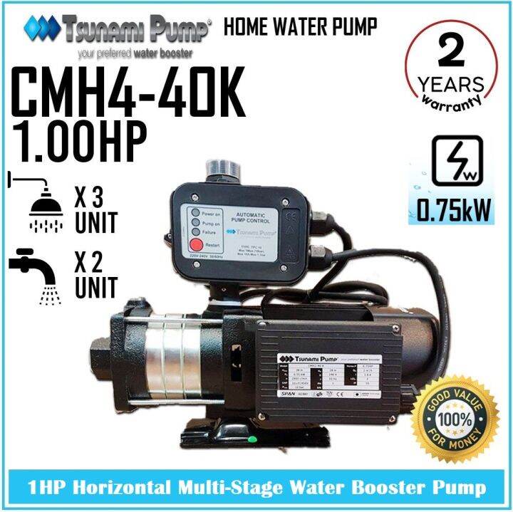 Tsunami 1HP/750Watt Horizontal Multi-Stage Water Booster Pump CMH4-40k ...