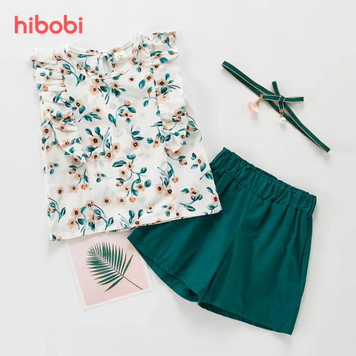 Hibobi เสื้อผ้าเด็กผู้หญิง2ชิ้นลายดอกไม้เสื้อระบายและกางเกงขาสั้นมีเข็มขัดสีพื้นสำหรับขนาด2 ...