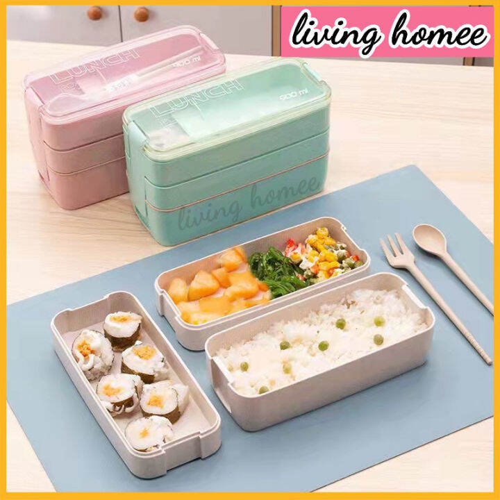 Japanese Lunch Box 3 Layer Wheat Straw Bento Box Portable Picnic Food ...