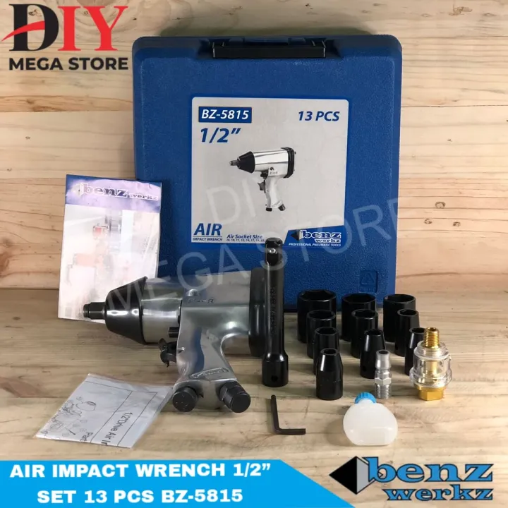 Air impact wrench 1/2" set 13 pcs aksesoris mesin pembuka baut BZ-5815 ...