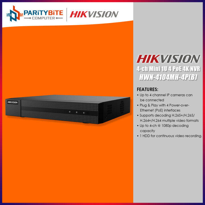 HIKVISVION NVR HWN-4104MH-4P 4ch 4port POE 1 SATA upto 6TB per HDD 40Mbps | Lazada PH