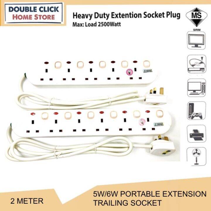 5 Way 6 Way Portable Extension Trailing Socket Trailing Wire Extension Wire 2 Pin Plug 2 Meter