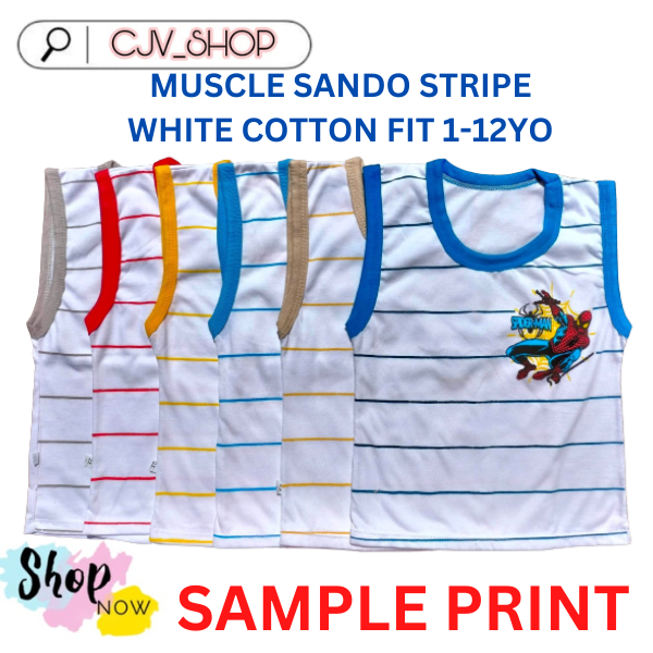 3pcs/6pcs MUSCLE SANDO WHITE STRIPE COTTON W/CARTOON CHARACTER FOR KIDS ...