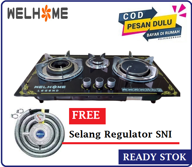 Kompor Gas Kaca Welhome Legend Kompor Gas 3 tungku Free Selang Gas ...