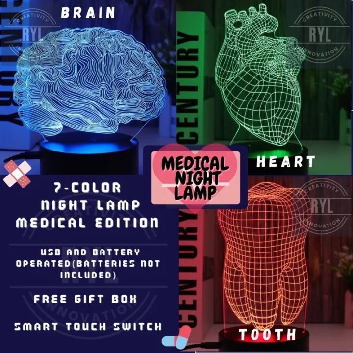 Night Lamp Medical Edition - Acrylic 3D Night Lamp - Heart Brain Tooth ...