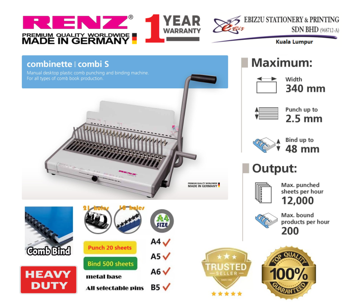 RENZ Manual Heavy Duty Comb Binder Combi S - 480 sheets (MADE IN GERMANY) binding machine, heavy ...
