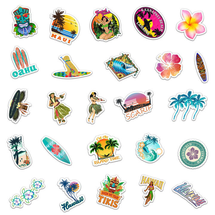 50PCS Hawaii Surfing Stickers Summer Tropical Beach DIY Surfboard Decal ...