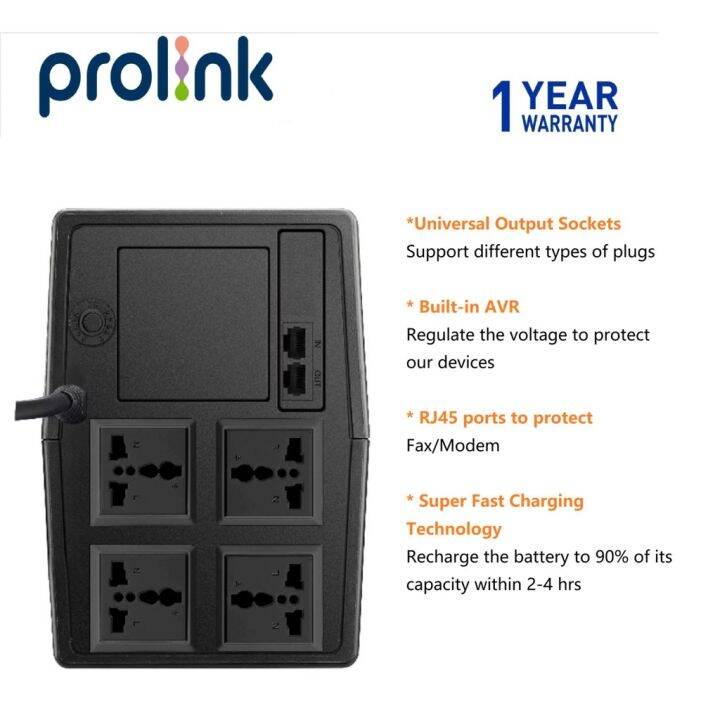 PROLiNK PRO1250SFC 1250VA UPS with AVR 4x Universal Sockets Backup for ...