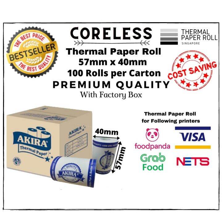 ☎ Nets Thermal Paper Roll xCorelessx 57mm x 40mm xPremium Quality x 100 ...