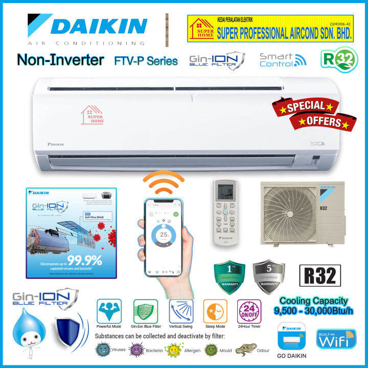 Daikin R32 Non Inverter Air Conditioner ((Gin Ion Blue Filter)) 1.0hp - 3.0hp Non Inverter ...
