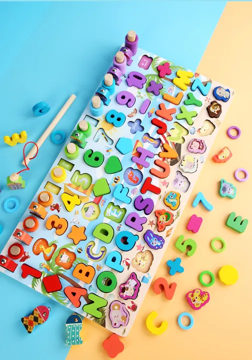 7 in 1 Wooden Interactive Alphabet Board Puzzle Magnetic Fishing Game ...