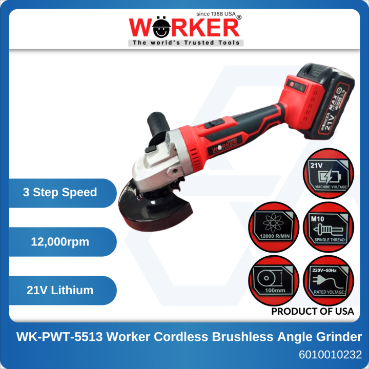 WORKER WK-PWT-5513 21V Cordless Brushless Angle Grinder 21V Lithium 100mm (4-inch) 12,000rpm ...