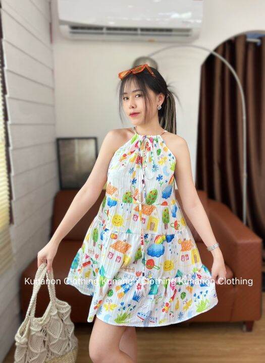 KK เดรสลายน่ารัก สายคาเฟ่ สายแฟชั่น | Lazada.co.th