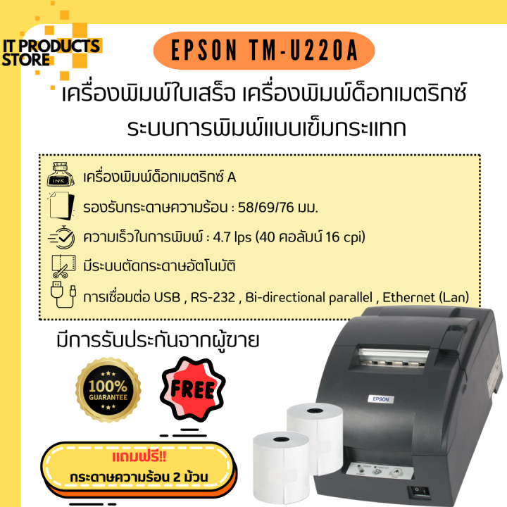 Epson TM-U220A เครื่องพิมพ์ใบเสร็จ เครื่องปริ้นใบเสร็จ เครื่องพิมพ์ระบบความร้อน แถมฟรี กระดาษ ...