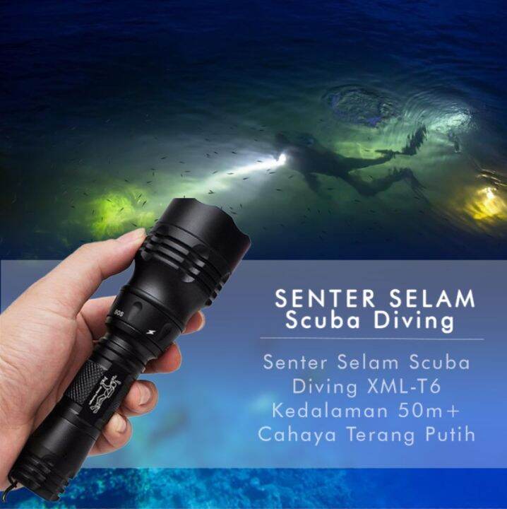 Senter Selam Air Laut LED Scuba Diving XML-T6 Waterproof Anti Air 50 Meter Underwater Cahaya ...