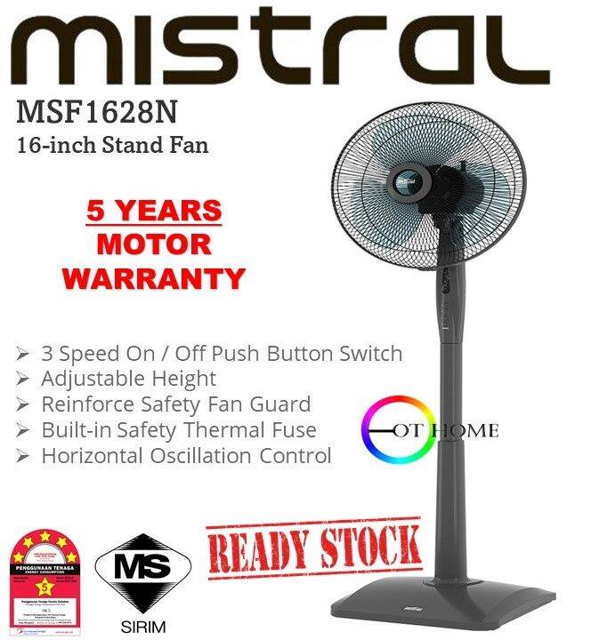 Mistral Stand Fan MSF1628N/3 Speed ON/OFF push button switch/Adjustable ...