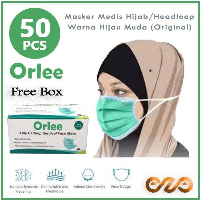 Masker ORLEE Bedah Medis Hijab 3ply 3 Lapisan Ply Headloop Earloop ...