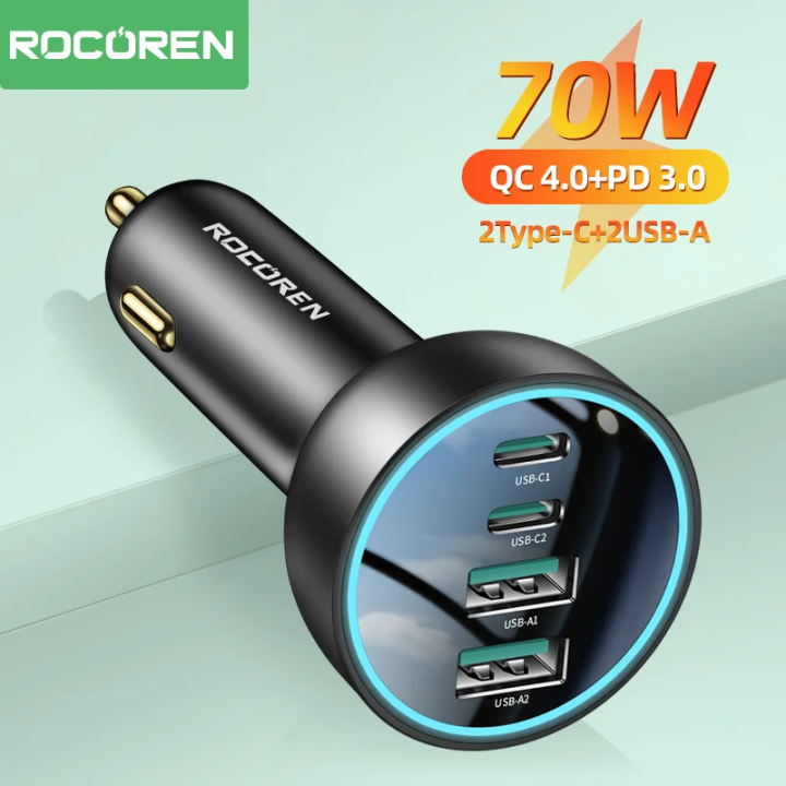 Rocoren 70W 4 in 1 Car Charger USB Type C QC4.0 PD3.0 Super Fast ...