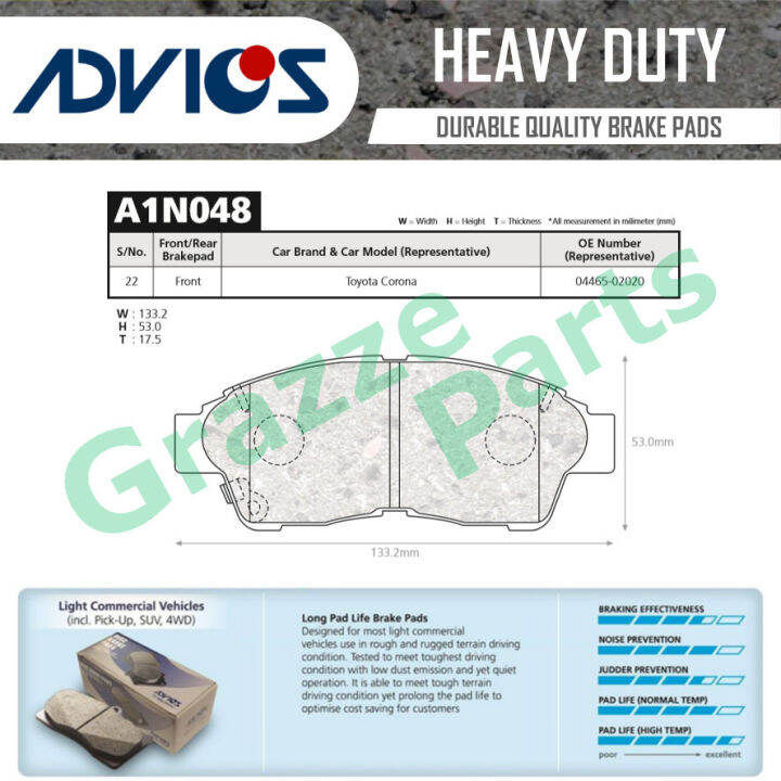 Advics Aisin Heavy Duty Disc Brake Pad Front A1N048Y for Toyota Camry ...