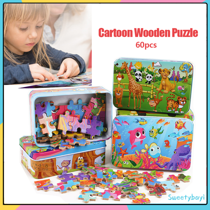 SWEETY 60Pcs Kids Wooden Jigsaw Puzzle With Iron box Baby Early ...