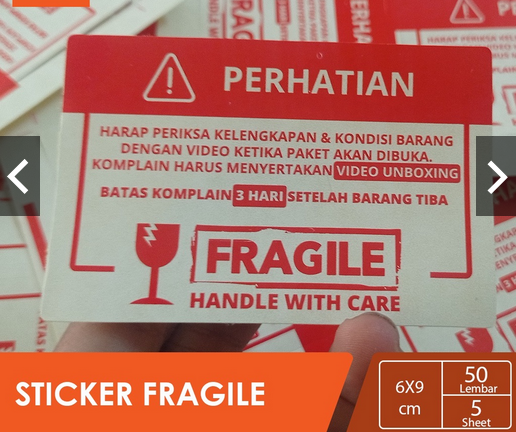 Sticker Fragile 6 x 9 cm isi 50 pcs Kertas Sticker Fragil Stiker Pecah ...