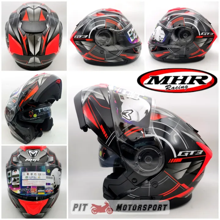 MHR Racing Full Face Helmet Flip Up Double Visor FU926 Black Red R15 ...