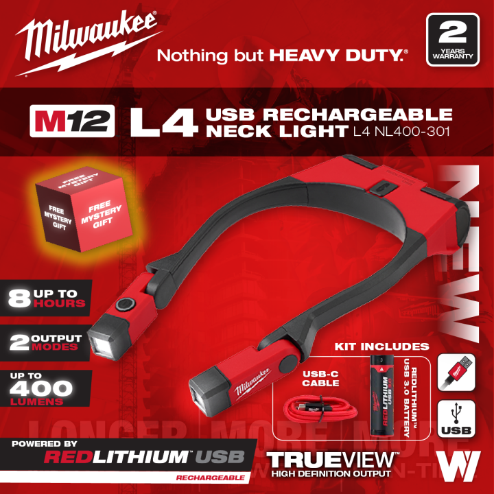 MILWAUKEE™ REDLITHIUM™ USB Rechargeable 400L Neck Light [ L4 NL400-301 ] | Lazada