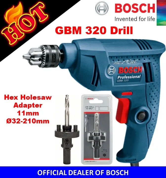 Bosch GBM 320 Drill with Bosch Hex Holesaw Adapter 11mm, Ø32-210mm 034 ...